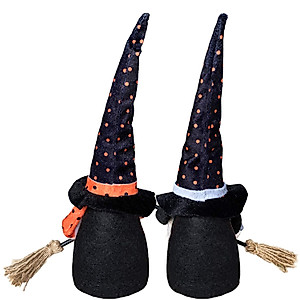 Halloween Witch Gnomes with Broom, Dangle Leg Sitting Fall Autumn Gnomes, Faceless Tomte Halloween Table Tier Tray Decor Sets of 2
