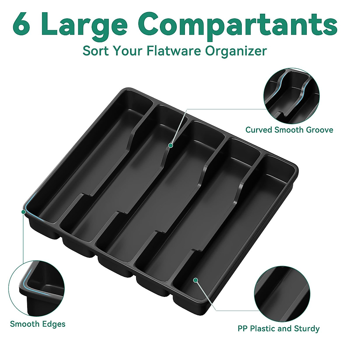 JUNLIN Silverware Organizer with Lid for Drawer Storage, Flatware Tray for Kitchen Countertop, Plastic Utensil Holder Cutlery Tray for Knives, Forks, Spoons (6 Slots)