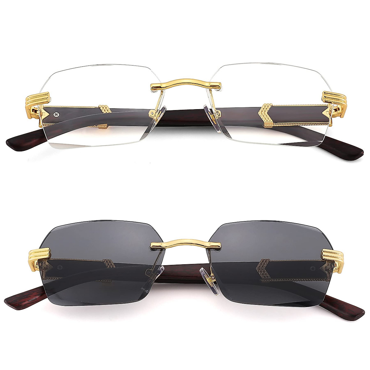 Hycredi Rimless Rectangle Sunglasses Men Women Retro Frameless Square Shade Y2k Sun Glasses Tinted Eyewear-Gold/Clear+Gold/Gray