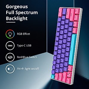 Mosptnspg Protable 60% Percent Gaming Keyboard Mechanical, Mini Compact RGB Backlit 61 Keys Wired Office Keyboard with red Switch for Mac/Win (Purple/red Switch)