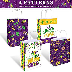 Whaline 20 Pack Mardi Gras Paper Gift Bags with Handle Crown Masquerade Mask Pattern Gold Coins Bags Carnival Party Favor Treat Bags for Gift Wrapping Mardi Gras Birthday Party Supplies, 4 Designs