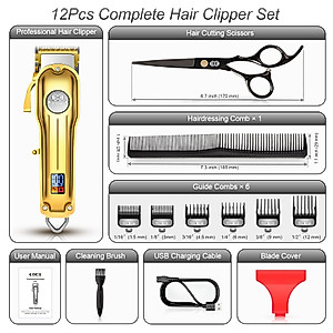 CIICII Hair Clippers for Men Professional, Cordless Barber Clippers for Hair Cutting (12Pcs Rechargeable USB Adjustable LCD Display Hair Beard Grooming Trimming Haircut Kit) for DIY Home Barber Salon