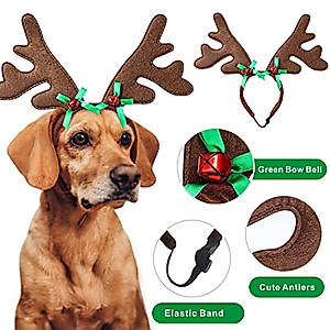 Idepet 3 PCS Christmas Dog Bandanna Bow Tie Collar with Reindeer Headband Costume Xmas Pet Plaid Triangle Bibs Scarf Kitten Adjustable Bow Tie for Cats and Dogs Puppy Christmas Decoration (Green)