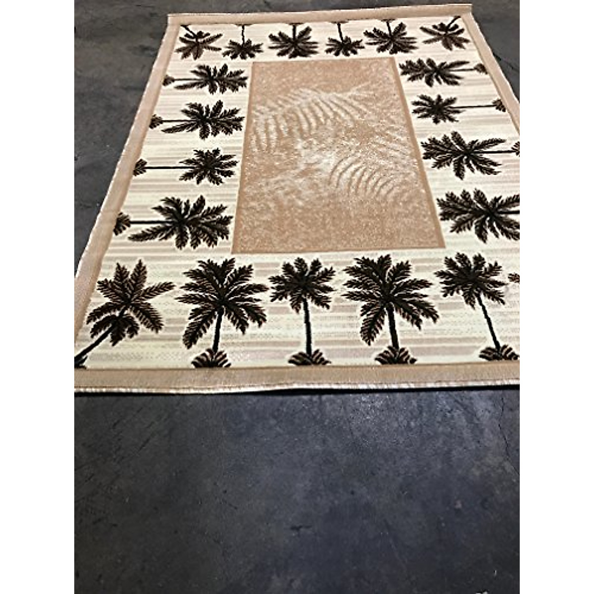 Palm Tree Modern Area Rug Tropical Beige & Green Design 729 (5 Feet X 7 Feet)