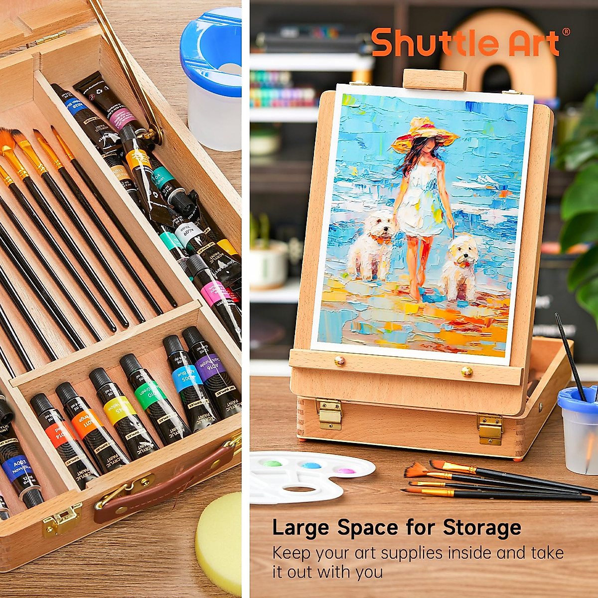Shuttle Art Acrylic Painting Set, 59 Pack Professional Painting Supplies with Wood Tabletop Easel, 30 Colors Acrylic Paint, Canvas, Brushes, Palette, Complete Painting Kit for Kids, Adults, Artists