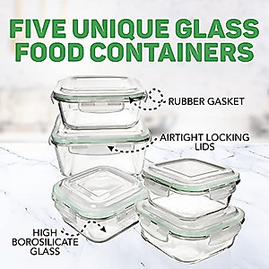 Glass Food Storage Containers 10 Pc, Airtight Glass Storage Containers with Lids, Glass Lunch Bento Boxes, Leak Proof BPA Free Large Glass Containers (5 lids, 5 Containers) Glass Containers with Lids