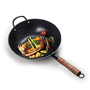 臻三环 ZhenSanHuan Cast Iron Woks and Stir Fry Pans, No Coating, Induction Suitable, Flat Bottom (32CM/12.6in)