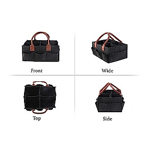 Mysa Felt Baby Diaper Caddy Car Organizer with Vegan Leather Handle for Diapers and Baby Wipes For Changing Table Nursery Storage Bin Basket, Baby Shower Gift Suitable For Indoor Outdoor (BLACK)