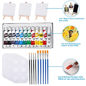Mini Canvas and Easel, Cridoz 47 Pieces Mini Canvas Painting Set Includes 4x4 Inches Primed Canvas, Mini Easel, Acrylic Paint, Paintbrushes and Palette for Kids Artists Art Party