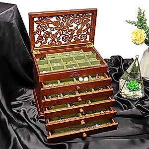 Wood Jewelry Box for Women - Real Wooden Jewelry Holder Organizer Box with Rose Leaf Patterns, Mothers Day Gifts, Jewelry Boxes for Storage Earrings Rings Necklace Bracelet, Ideal Gift for Women's Day