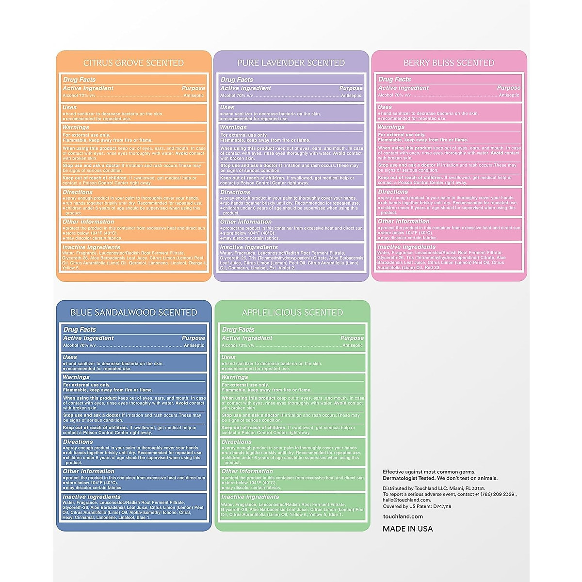 Touchland Power Mist Hydrating Hand Sanitizer Spray, TOP 5-PACK (Applelicious, Sandalwood, Lavender, Berry, Citrus), 500-Sprays each, 1FL OZ Travel Size (Set of 5)