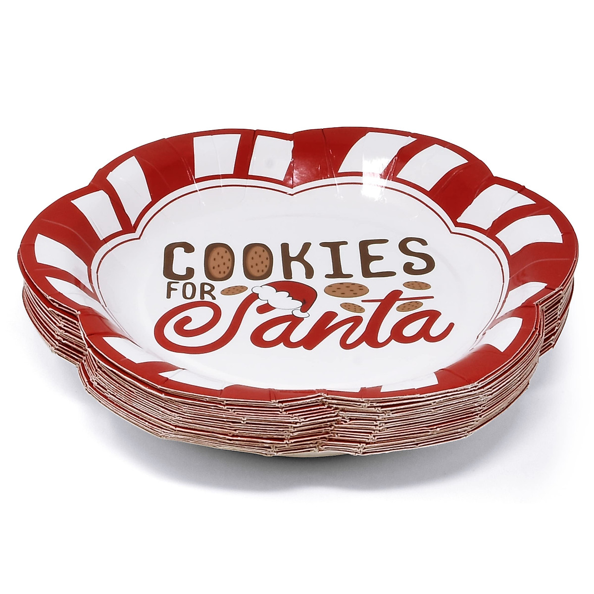 Gift Boutique 24 Disposable Xmas Santa Milk & Cookies Cup & Saucers Set 7 Oz Paper Mug with Handle 7" Scallop Shaped Saucer Plate for Tea Hot Cocoa Chocolate Coffee Mugs Holiday Xmas Dinner Supply