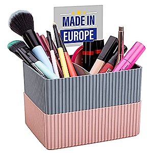 EDNA HOME Makeup Storage Organizers, 2-Set, Stackable Cosmetics & Jewelry Holders w/ Double Compartment, HQ Plastic, Suitable for Dresser, Nightstand, Vanity & Countertop, Gray/Rose, Made in Europe