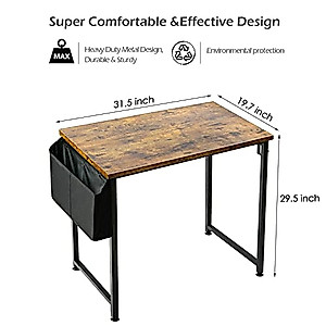 Lufeiya Small Computer Desk Study Table for Small Spaces Home Office 31 Inch Rustic Student Laptop PC Writing Desks with Storage Bag Headphone Hook,Brown