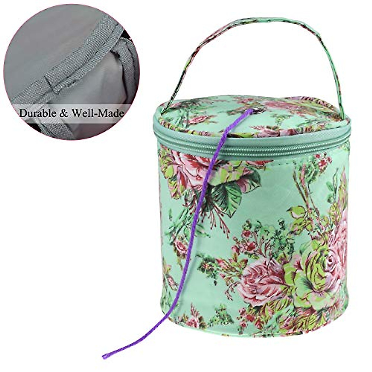 Coopay Mini Yarns Drum Yarn Storage Bag, Small Knitting Bag Craft Tote Perfect for Beginner, Crocheter, Knitter and Crafter, 6 x 5.5 inch, Durable and Sturdy, Green Peony