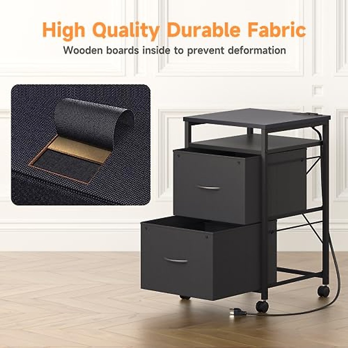 Uliyati File Cabinet, Fabric Filing Cabinet with Socket & USB Charging Port, Vertical Rolling Printer Stand with 2 Drawers, Mobile Filing Cabinet with Open Shelf, A4 or Letter Size, for Home Office