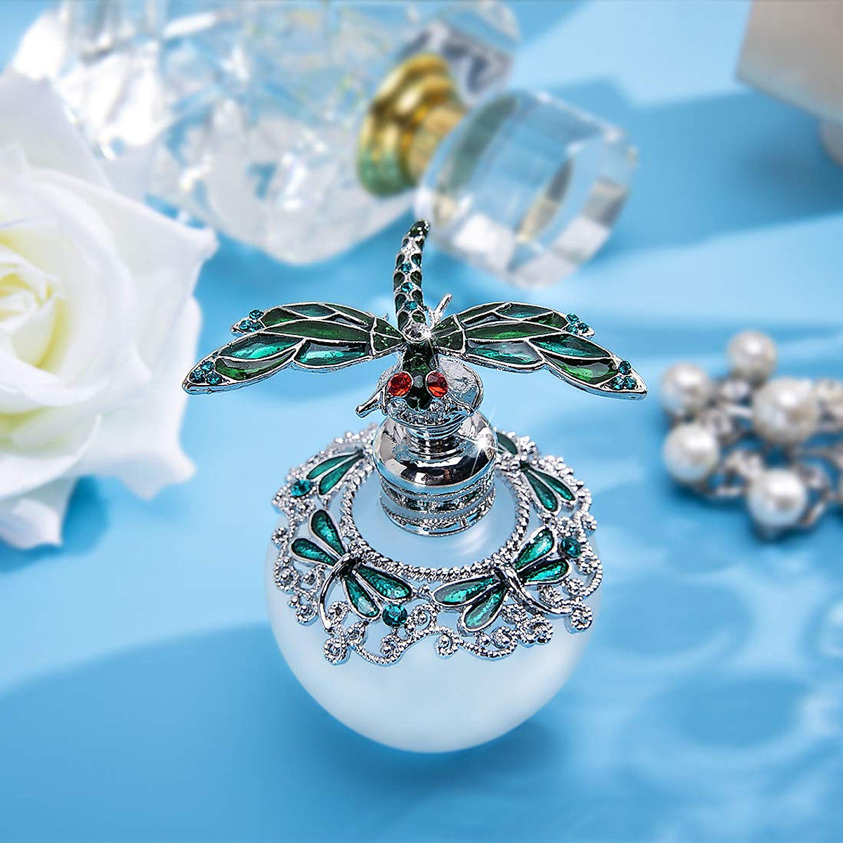 YU FENG 40ml Fancy Empty Crystal Perfume Bottle with Green Dragonfly Stopper Rhinestones Bejewelled Refillable Glass Bottle Containers
