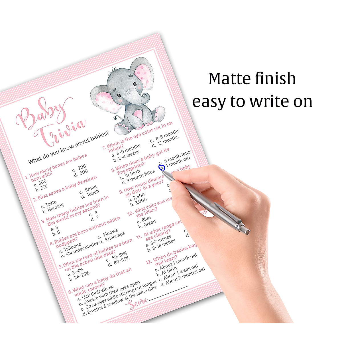 PINK ELEPHANT Baby Shower Game — BABY TRIVIA Baby Shower Games — Pack of 25 — Fun Baby Facts Games, GIRL Baby Shower Games, Pink Cute Polka Dot Baby Elephant Baby Shower Games Activity, SKU G500-TRV