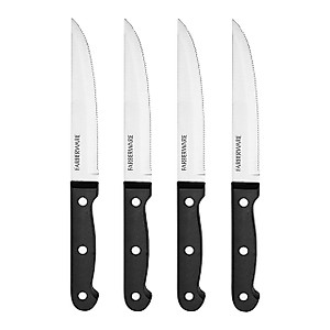 Farberware 4-Piece Full-Tang Triple Rivet 'Never Needs Sharpening' Stainless Steel Steak Knife Set, Black