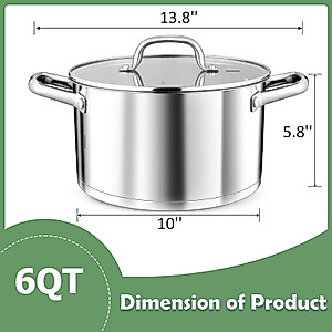 TeamFar 6QT Stainless Steel Stock Pot, Tri-ply Base Cooking Pasta Sauce Soup Pot with Glass Lid for Induction/Gas/Ceramic Stoves, Transparent Cover & Double Handles, Heavy Duty & Dishwasher Safe