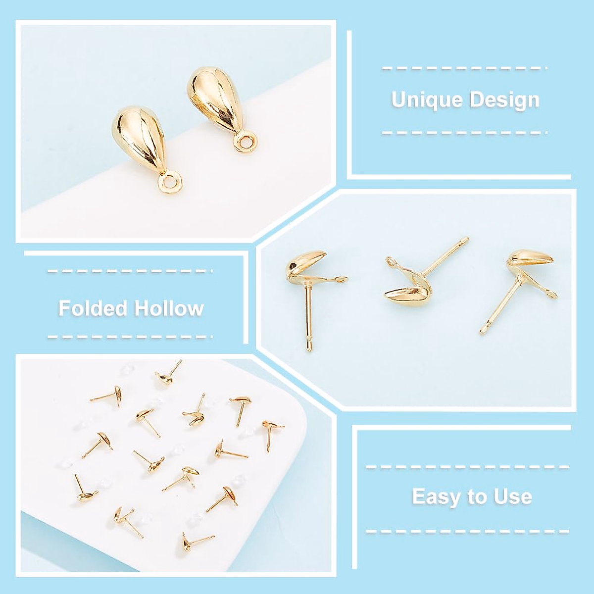 BENECREAT 80pcs 18K Gold Plated Brass Teardrop Earring Studs with 100pcs Plastic Ear Nuts for DIY Jewelry Making, Gold