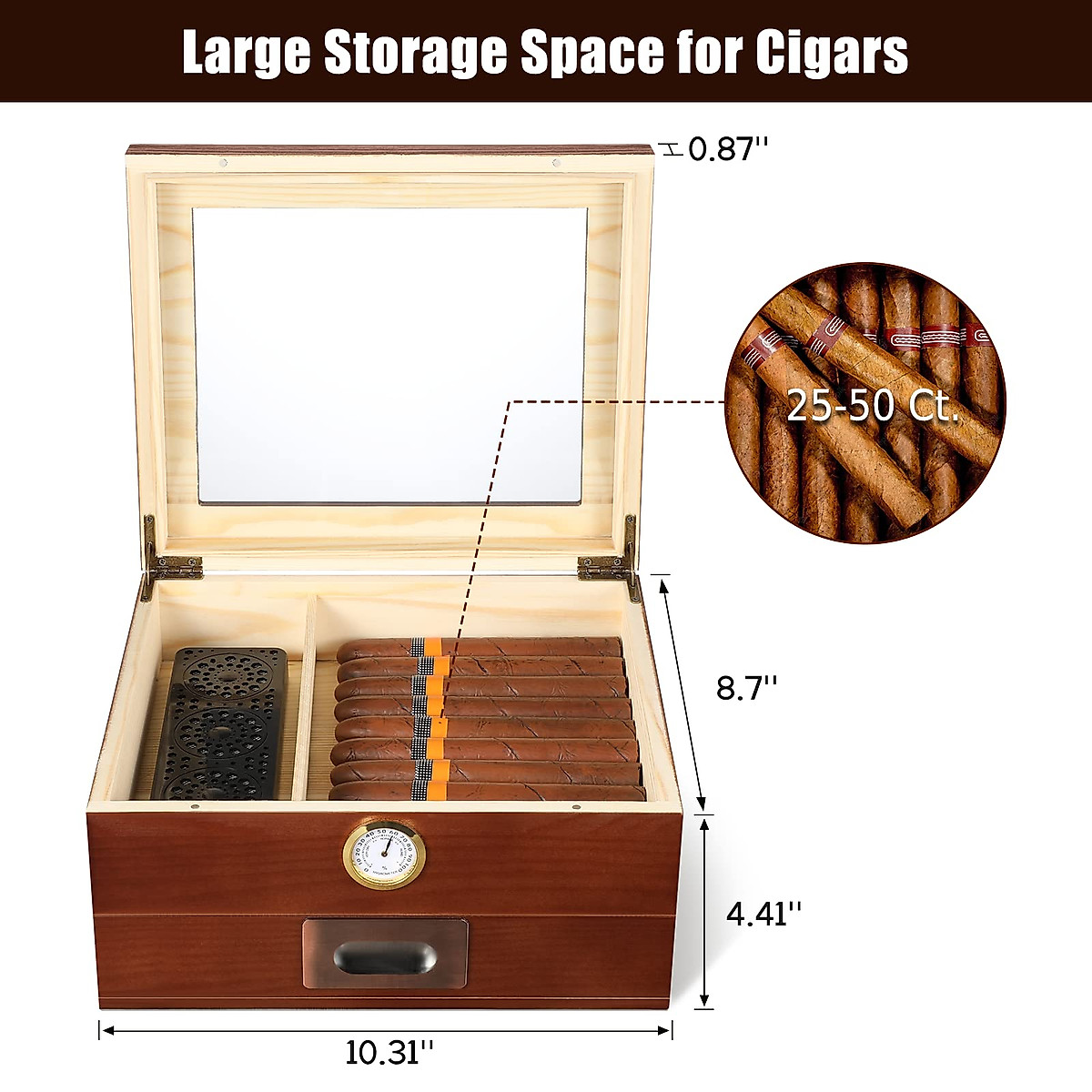 Glass Top Cedar Humidor with Front Hygrometer, Humidifier, Divider, and Accessory Drawer, Desktop Cedar Wood Cigar Box Holds 20-30 Cigars, Cigar Accessories for Men