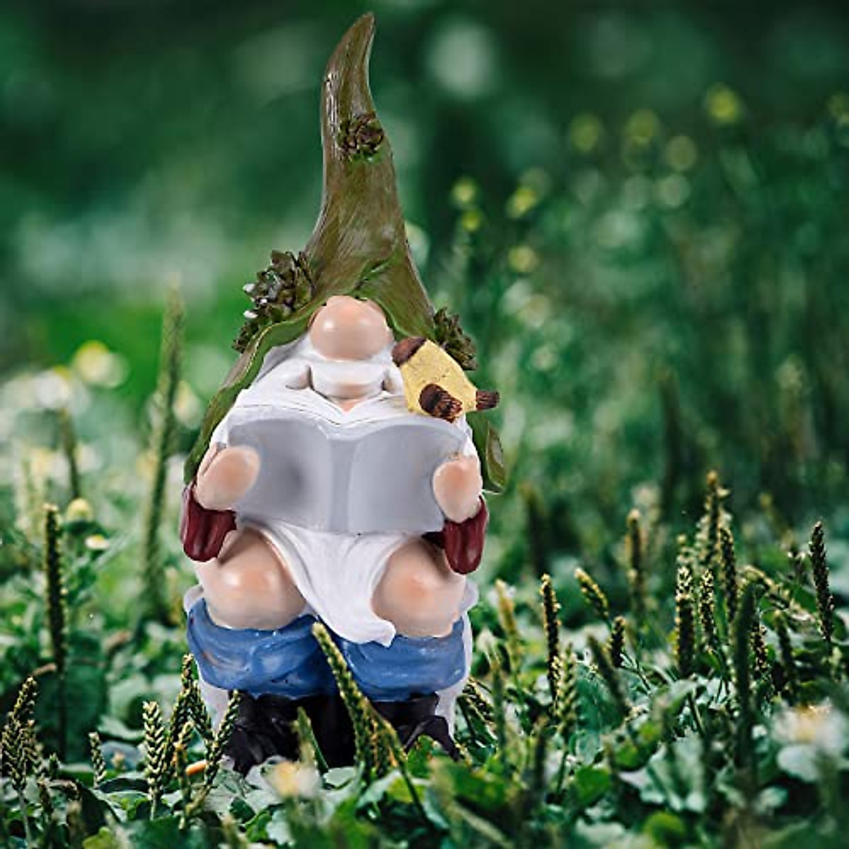 TemwJa Solar Outdoor Garden Statues, Handmade Resin Garden Gnome Statues with LED Lights, Statues Garden Gnomes on The Porch, Courtyard, Lawn, Artistic Garden Decor-Reading Statue