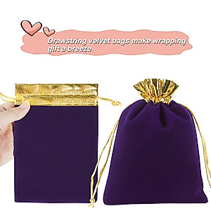 HRX Package 10pcs Velvet Bags with Drawstrings 5x7 inch, Purple Gold Cloth Jewelry Pouches Baggies Sacks for Small Gift Dice Party Favor