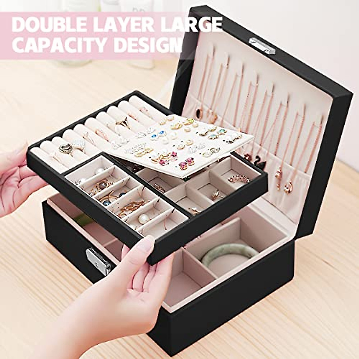 wudianbanCC Jewelry Organizer Box for Women Girls,Large Capacity,PU Leather Organizer Holder Boxes with Lock,2 Layers Removable Display Storage Travel Case for Women Girls Wife Ideal Gift(Black)