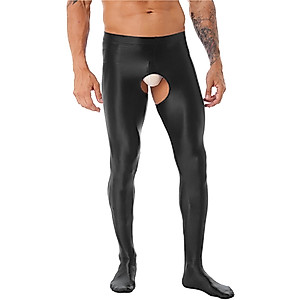 Jhaoyu Mens Glossy Crotchless Pantyhose High Waist Elastic Waistband Leggings Lingerie Nightwear Black#Footed Medium