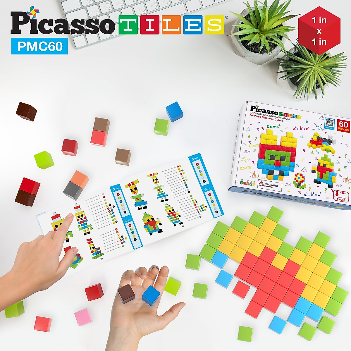 PicassoTiles 60 Pieces 1" Magnetic Building Blocks, 3D Construction Cubes Magnet Sensory Toys Gifts with Free Idea Book for Kids, Toddlers & Babies - PMC60