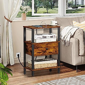Lerliuo Nightstand with Charging Station and USB Ports, 3-Tier Storage End Table with Drawer Shelf, Night Stand for Small Spaces, Wood Bedside Table for Living Room, Bedroom - Retro Brown