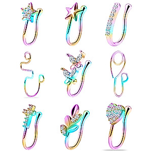 Vsnnsns Fake Nose Ring Stud Stainless Steel 20G Faux Septum Nose Piercing Jewelry Clip On Nose Ring Cuffs Non Piercing Nose Hoop Ring for Women Men 9pcs Rainbow
