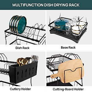 YIHONG Kitchen Large Dish Drying Rack with Drainboard, 2 Tier Dish Racks for Kitchen Counter, Dish Drainer Set with Utensils Holder, Dish Strainers with Extra Drying Mat for Pots and Pans