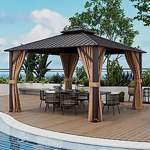 Tangkula 12x12 FT Hardtop Gazebo, Patio Gazebo with Galvanized Steel Double Roof & Aluminum Frame, Permanent Pavilion Outdoor Gazebo with Netting & Curtains for Patio, Garden, Lawn, Backyard, Deck