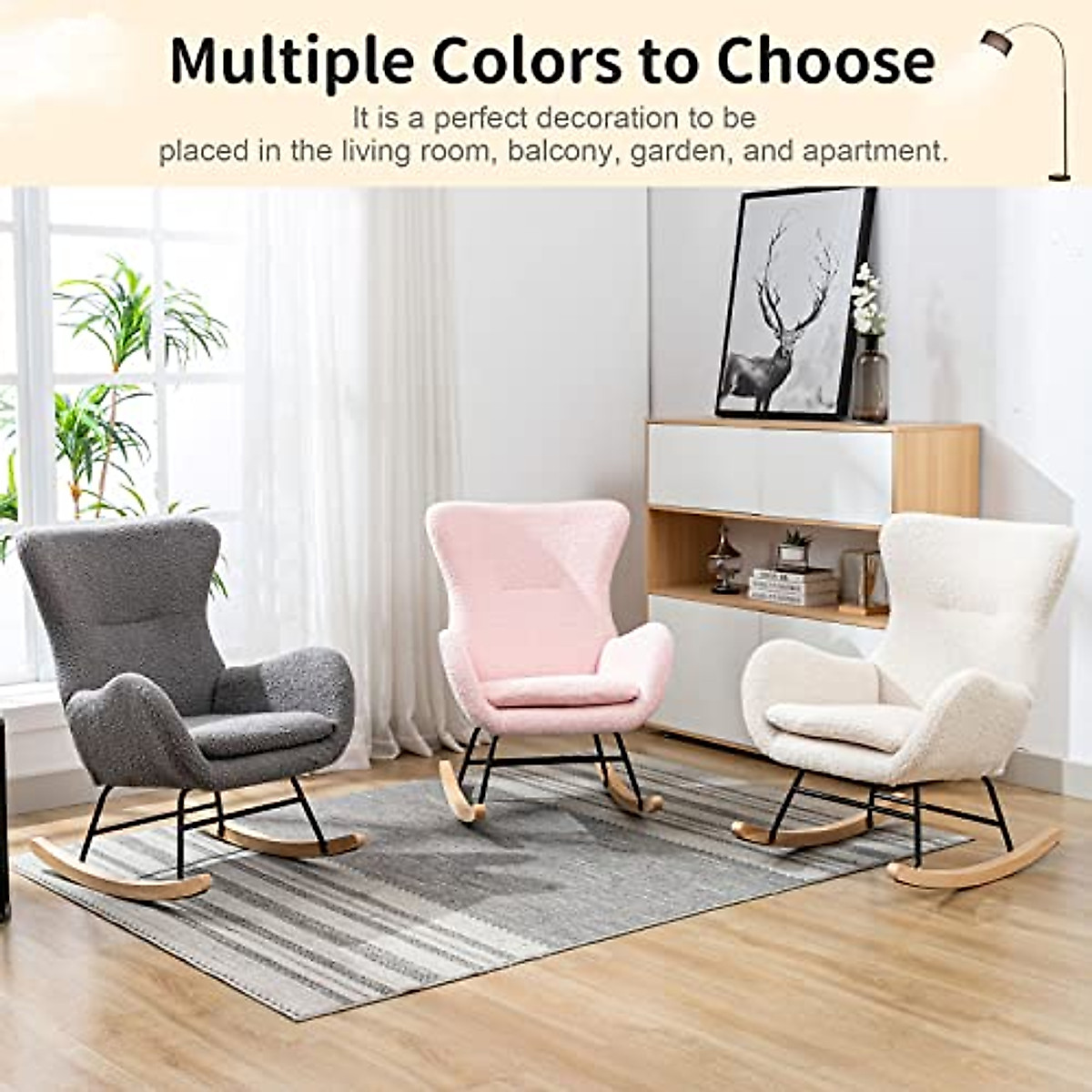 LETESA Nursery Rocking Chair Upholstered with High Backrest and Armrest Accent Chair Cozy Fabric Padded Seat Armchair Single Sofa Accent Glider Rocker for Living Room Bedroom Offices (White)