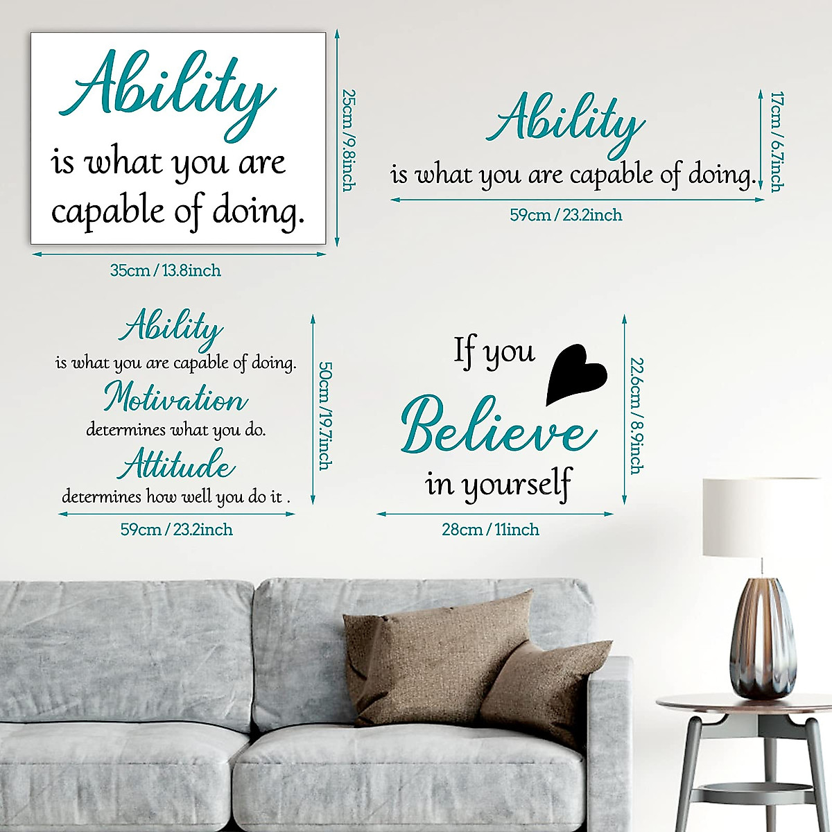 3 Sheets Vinyl Wall Quotes Stickers,Inspirational Saying Wall Decals Ability Motivation Attitude Quotes Stickers for Home Office School Classroom Teen Dorm Room Wall