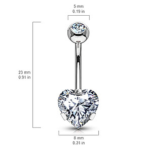 Amelia Fashion 14GA 8mm CZ Heart Prong Set Belly Button/Navel Ring 316L Surgical Steel (Rose Gold/Clear)