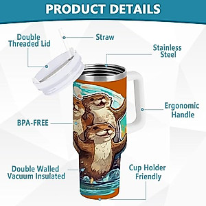 Exnundod 40 oz Tumbler with Handle Cartoon Sea Otters Insulated Stainless Steel Cup with Lid and Straw Travel Cup Leak-proof Fits in Car Cup Holder for Iced & Hot