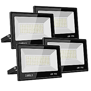 OHLUX LED Flood Lights Outdoor, 6000lumen Superbright, 60W IP66 Waterproof for Security Lights, Exterior Lights, Garden, Patio, Playground, Basketball Court 4 Pack Black