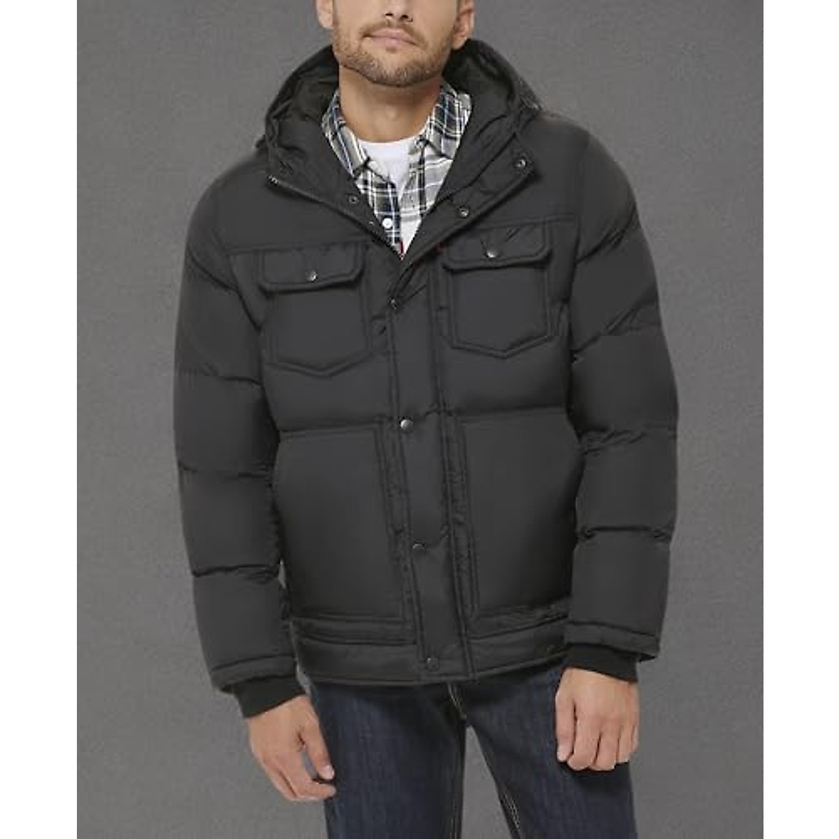 Levi's Men's Performance Hooded Puffer Trucker Jacket (Regular & Big & Tall Sizes), Black Solid, XL