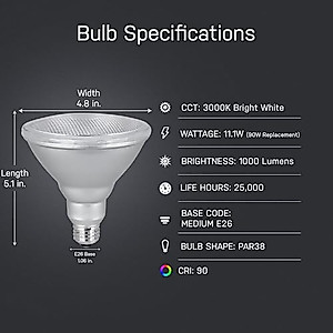 Feit Electric PAR38 LED Bulb, 90W Equivalent, Dimmable, 3000k Bright White, 1000 Lumen, 22 Year Lifespan, E26 Base, PAR38 Flood Light Bulb, CRI 90, Indoor/Outdoor, UL Listed, 1 Pack, PAR38DM/930CA