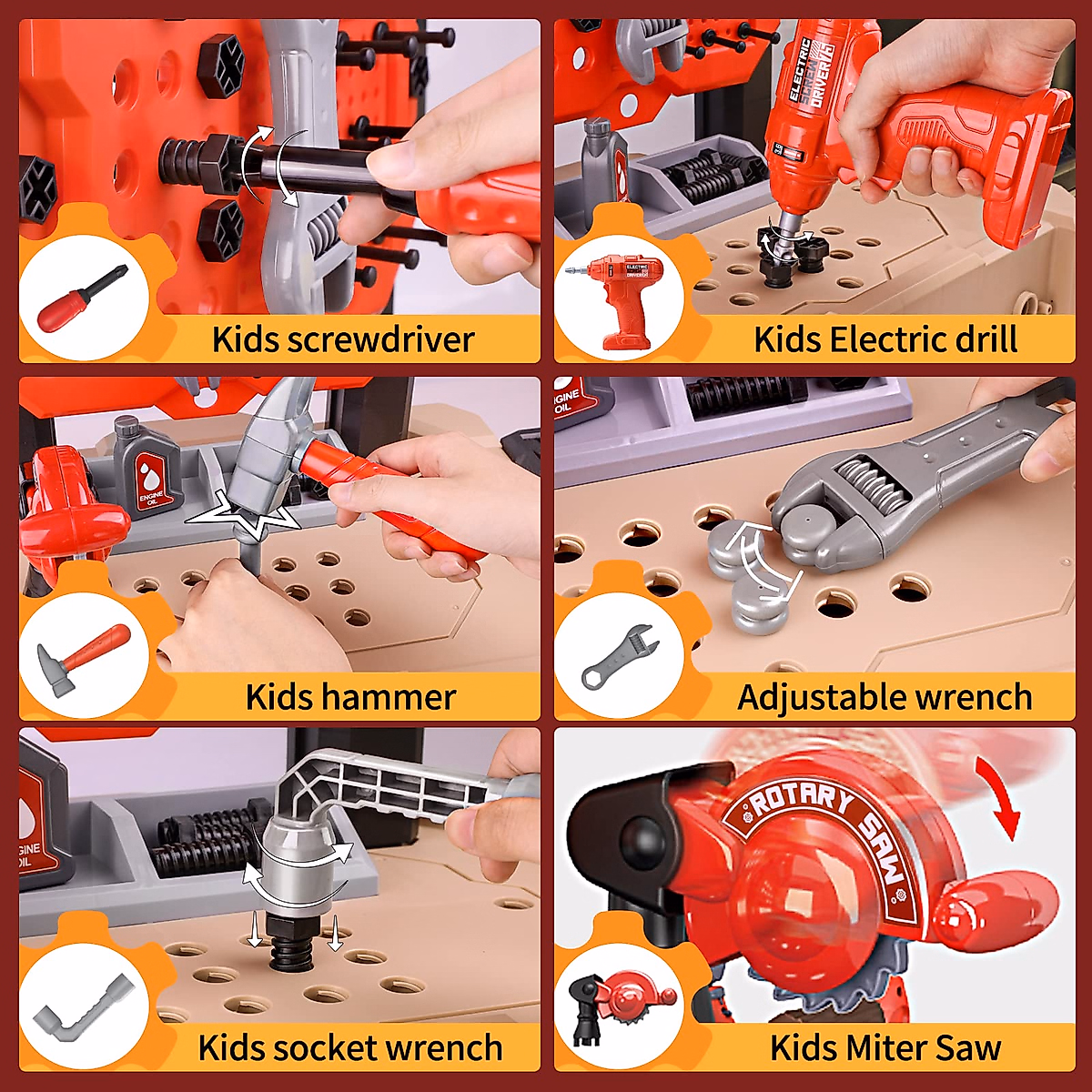 Deejoy Kids Tool Bench with Realistic Tools and Electric Drill, 79 Pcs Transformable Kids Tool Set with Clothes, Toddler Tool Bench Pretend Play Learning Gift for Boys & Girls Age 3-5 (Yellow)