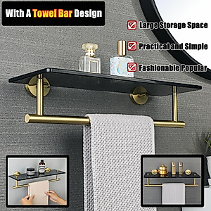 Alise Bathroom Shelves Glass Shelf with Bar,Wall Mount Floating Shelves for Bathroom,SUS304 Stainless Steel Tempered Glass Holder Storage Organizer,Gold and Black GDL400BAR-GB
