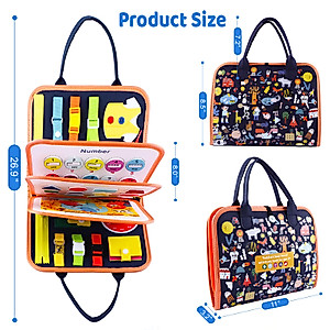 Kerarme Toddler Busy Board, Montessori Toys Busy Book for 1 2 3 4 5 Year Old Toddlers Preschool Learning Activities with Alphabet Numbe, Travel Toys Gifts for Plane Car with Life Skills (Black/3P)