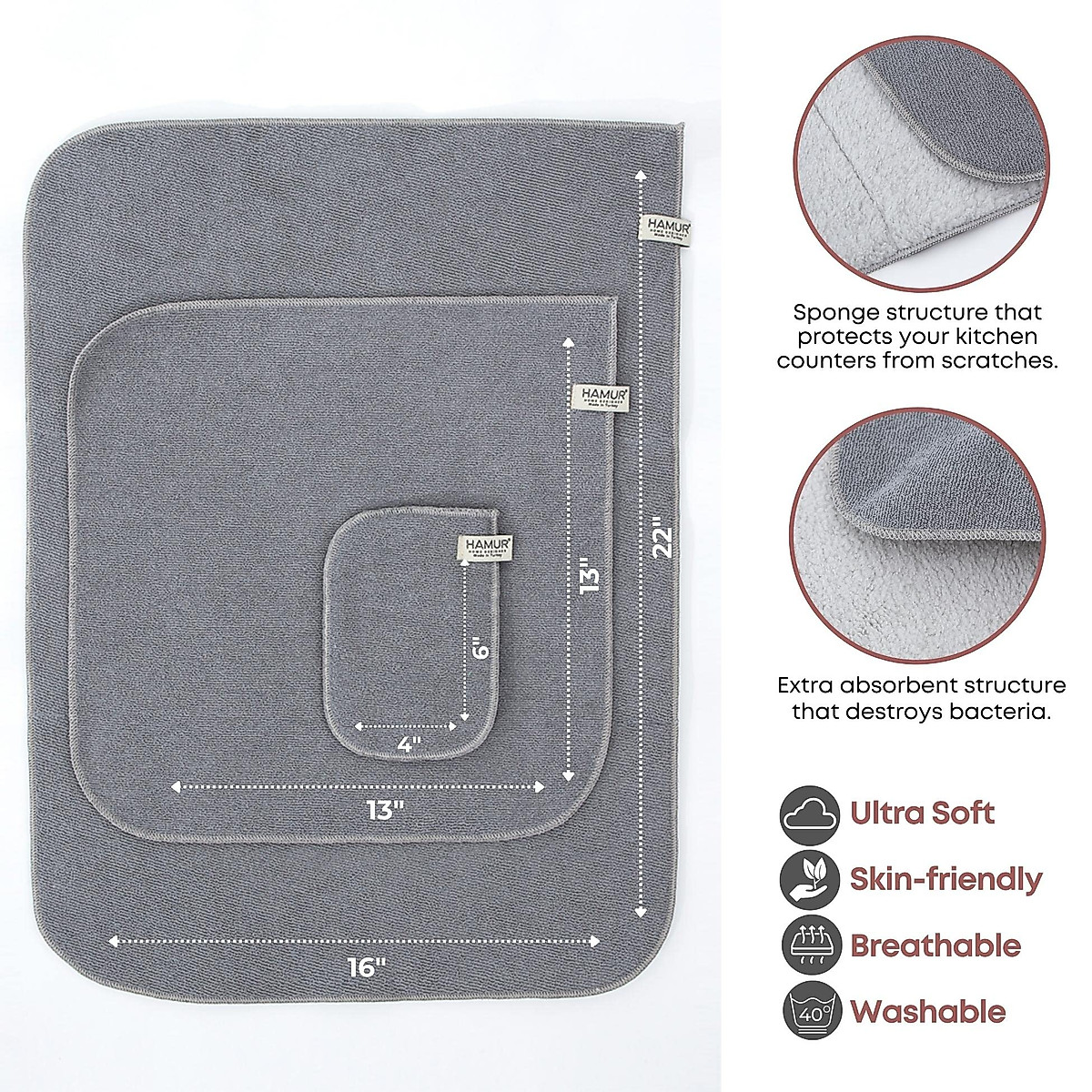 HAMUR Kitchen Dish Drying Mat 3-Set, Super Absorbent Drainer Mats for Kitchen Counter, Multiuse Draining dishes Pad with cleaning rug & dish sponge, under dish rack & sink pad