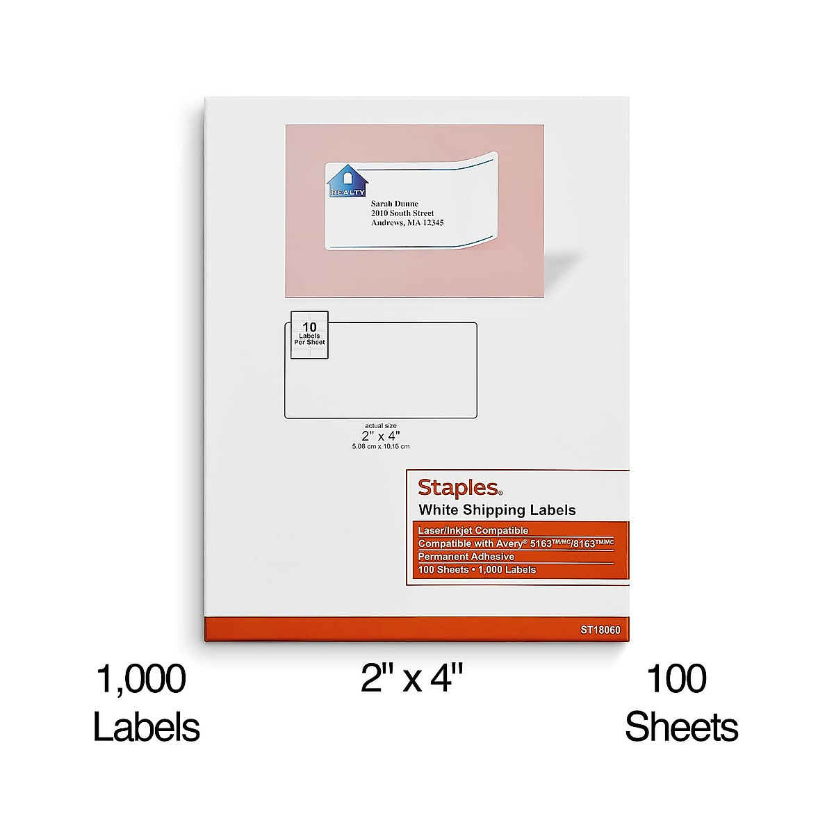 Staples 479877 Laser/Inkjet Shipping Labels 2-Inch x 4-Inch White 10 Labels/Sheet