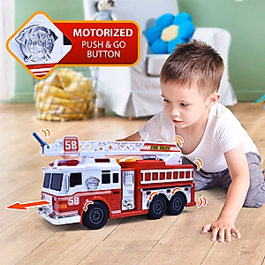 VEBO Fire Truck Motorized with Lights, Siren Sound, Working Water Pump and Rotating Rescue Ladder- Electric, Motorized, Big Fun Size 15", Realistic Design- for Toddlers, Kids Aged 3+ Years Old