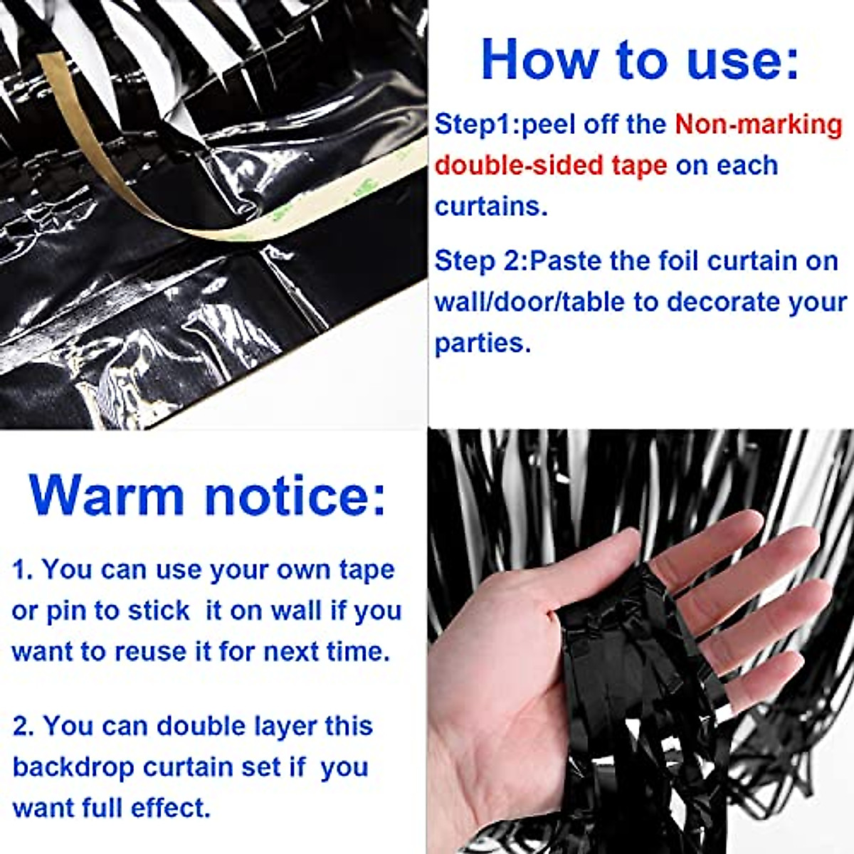 Black Backdrop Curtain for Party Supplies - 6.5x8.2ft, Pack of 2 | LILF Black Tinsel Foil Fringe Curtain Streamers for Birthday Party Halloween Graduation Decoration Black Photo Booth Backdrop Props