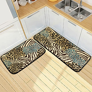 ALAZA Animal Zebra Tiger Print Non Slip Kitchen Floor Mat Set of 2 Piece Kitchen Rug 47 x 20 inches + 28 x 20 inches for Entryway Hallway Bathroom Living Roo
